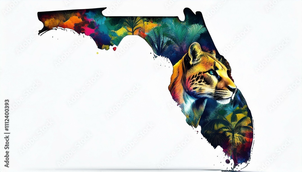Florida state shape map panther symbol animal artistic illustration ...