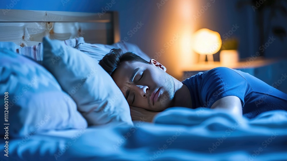 Person lying in bed with half-closed eyes, surrounded by dim light and ...