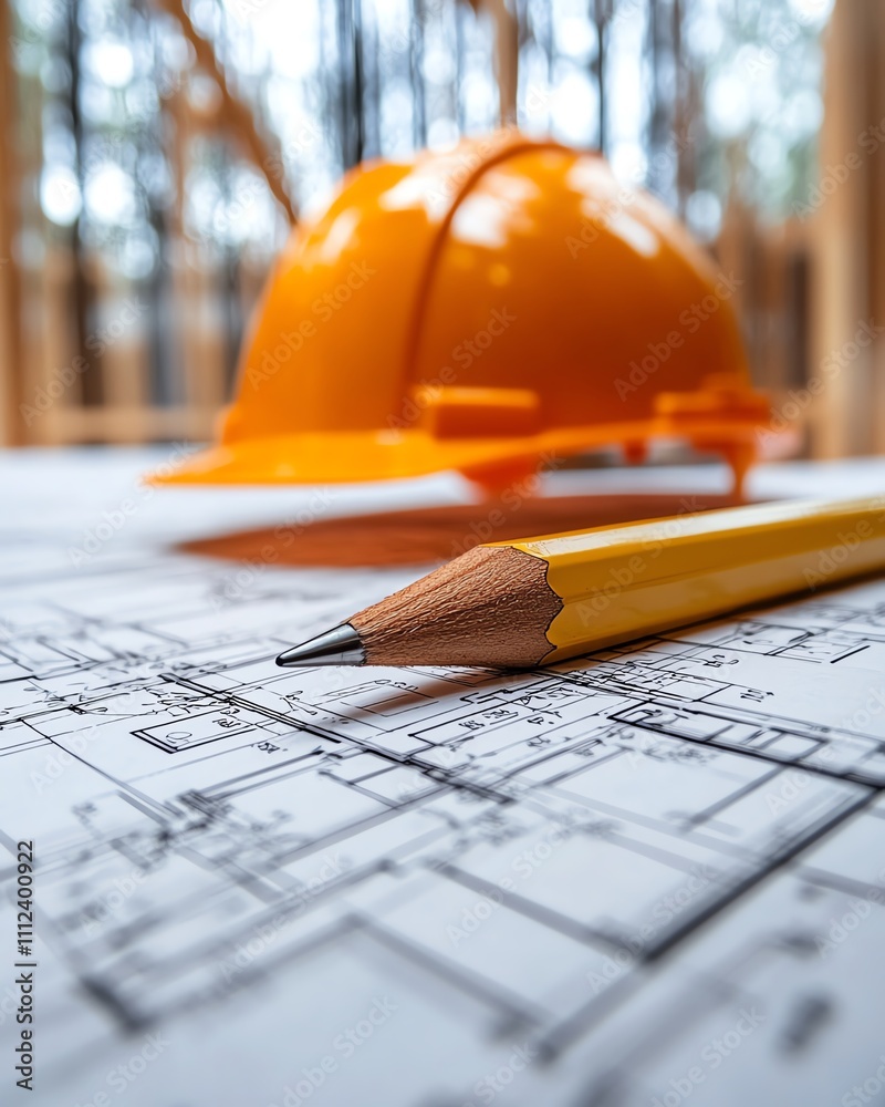 A detailed blueprint floor plan with a pencil and hard hat, symbolizing ...