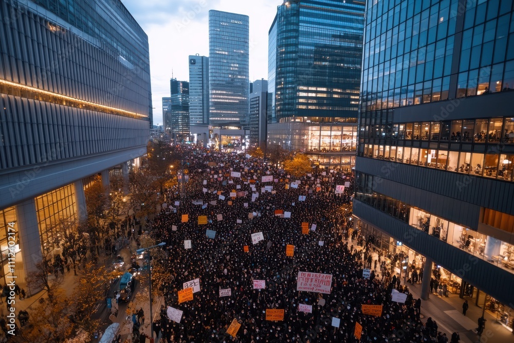 An expansive aerial view of a massive crowd participating in a public ...