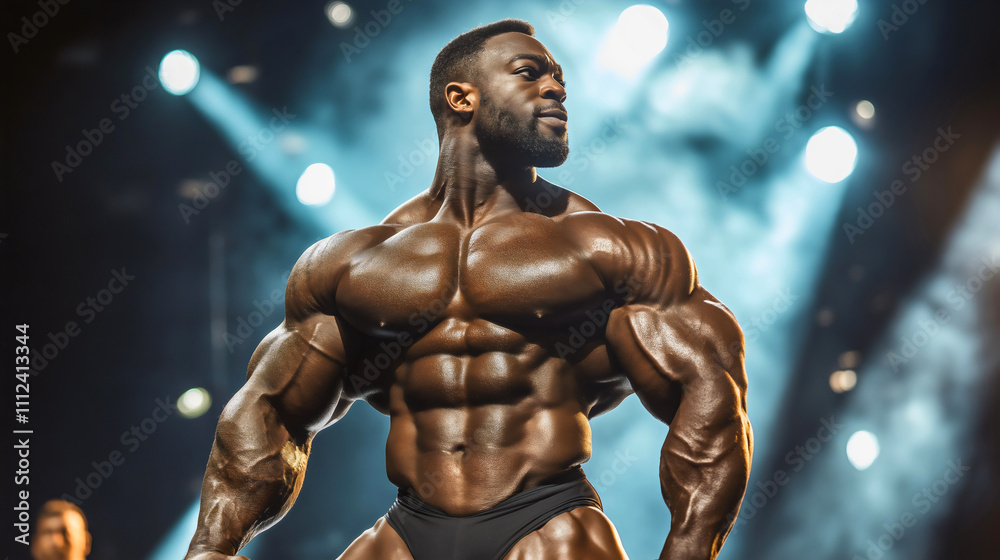 Muscular bodybuilder posing on stage with smoke effect, professional ...