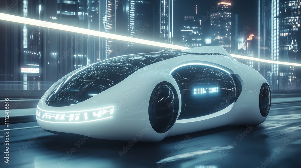 Futuristic autonomous vehicle concept in night cityscape. White sleek ...
