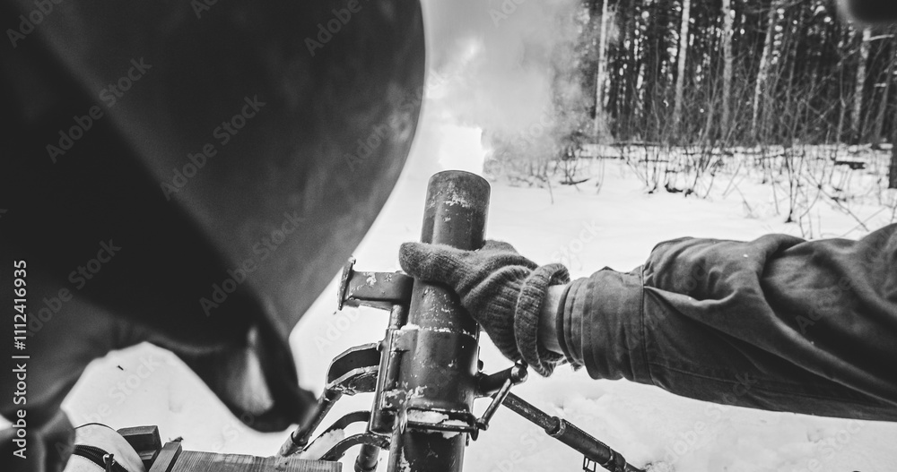 Heroes Of War. Mortar Shooting Explosions Forest. Close-up View On Re ...