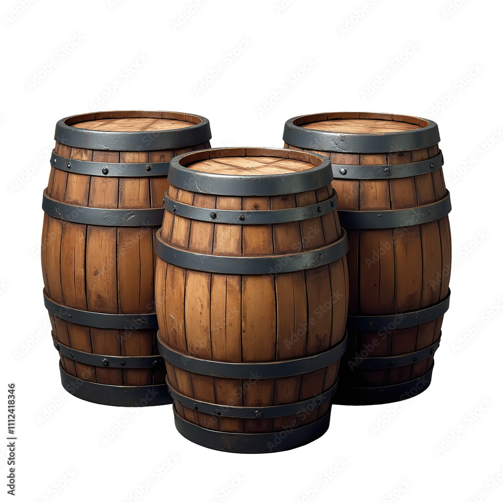 three vintage large wooden barrels on a transparent background. wooden ...