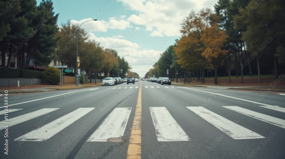Frontal view of a road with pedestrian crosswalk Stock Photo | Adobe Stock