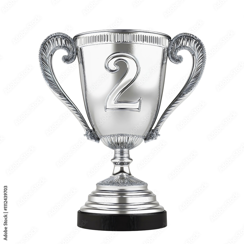 Shiny silver trophy and second 2nd place medal isolated on white ...