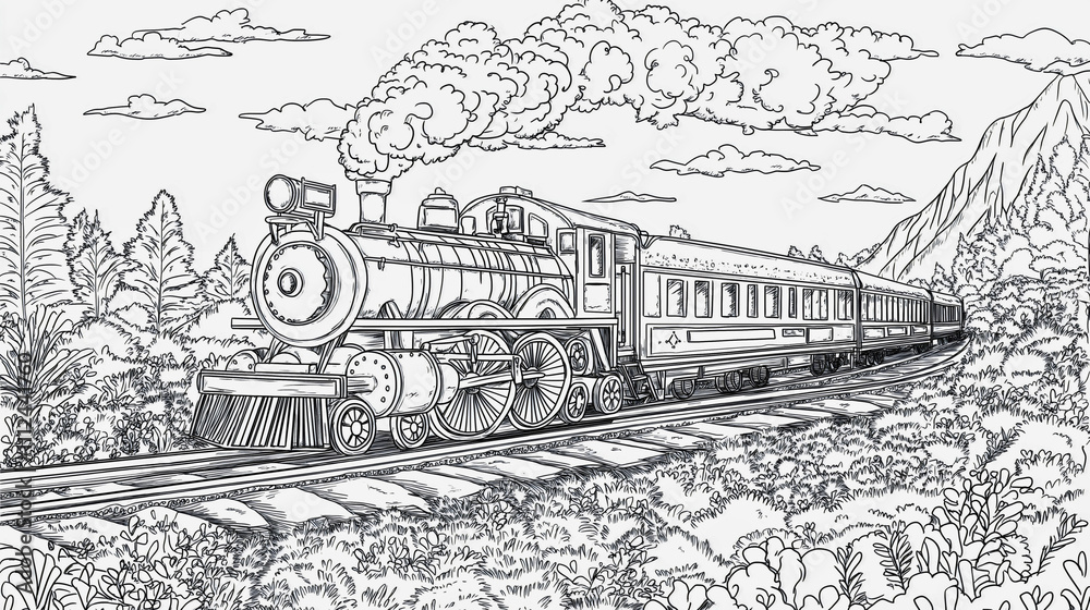 Vintage steam train illustration with a hand drawn outline, cute ...