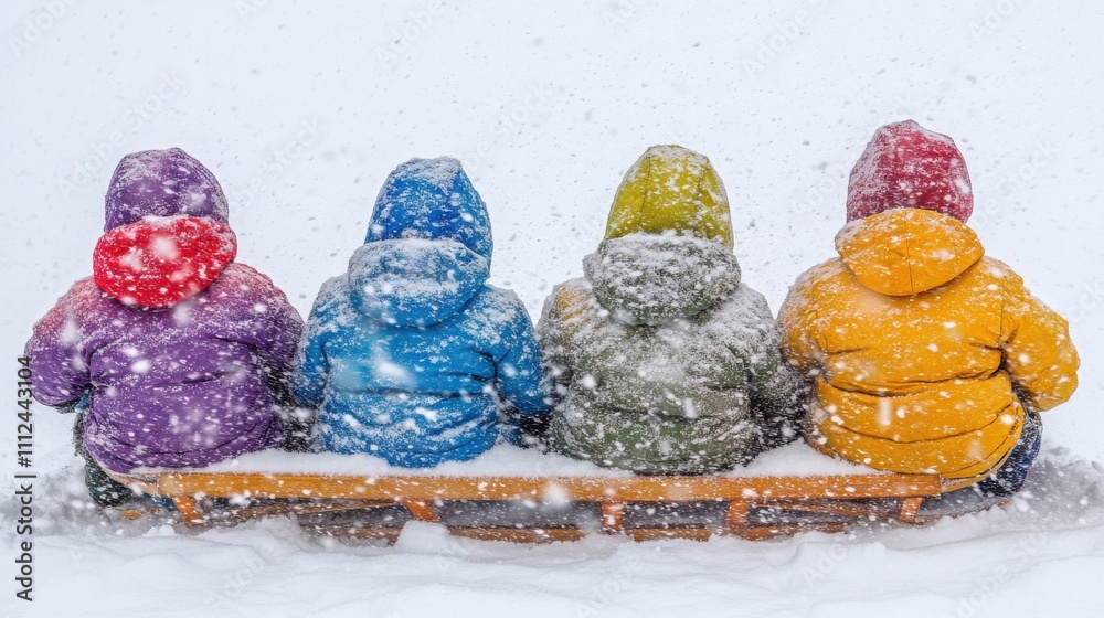 Colorful winter coats, friends on a sledge, snow falling, joyful ...