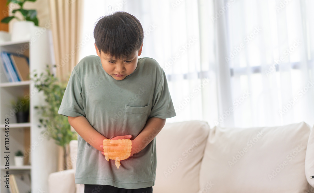 Portrait of sick unhappy little child asian boy touching belly stomach ...
