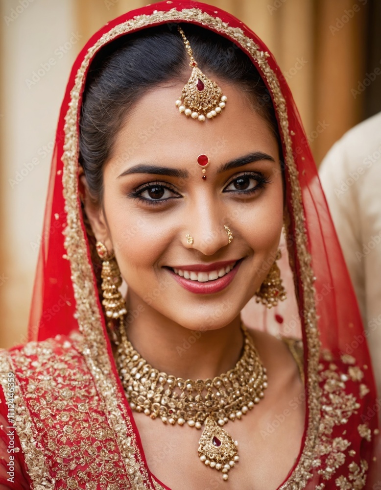 Indian bride, adorned in traditional bridal wear with intricate gold ...