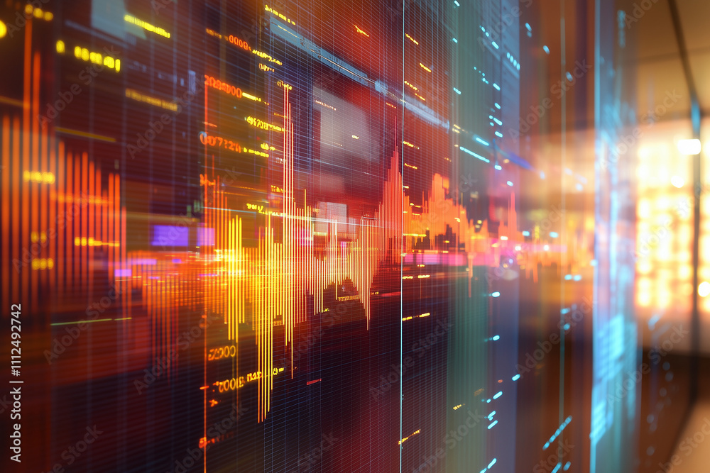 Visualize vibrant floating holographic area graphs with glowing data trends. This dynamic ...