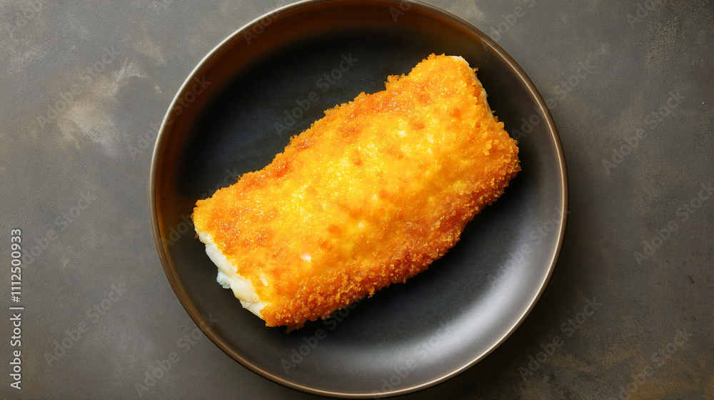Crispy breaded cod fillet top view, traditional Portuguese bacalhau ...
