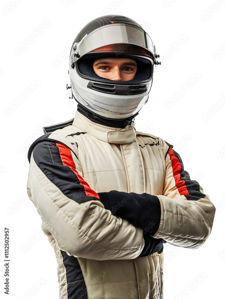 Professional Formula 1 racer in helmet and suit isolated, smiling ...