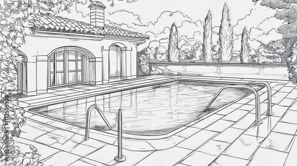 Swimming pool villa outline coloring page design, luxury house exterior ...