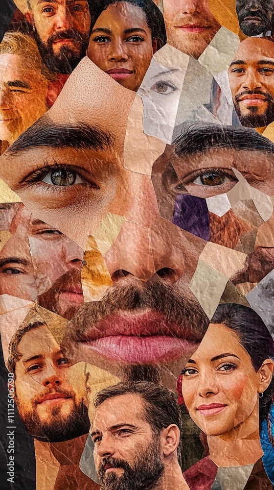 Foto Collage of diverse faces blended with abstract textures, creating ...
