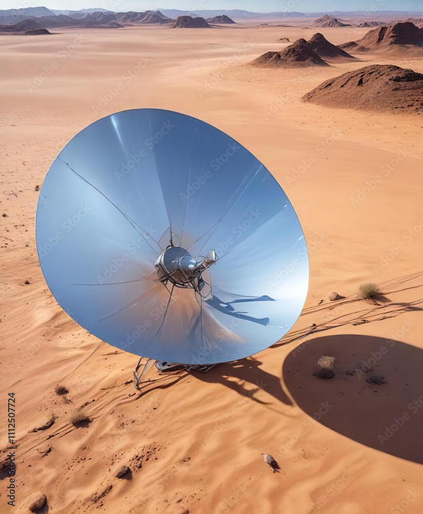 A large satellite dish antenna pierces through the clear blue desert ...