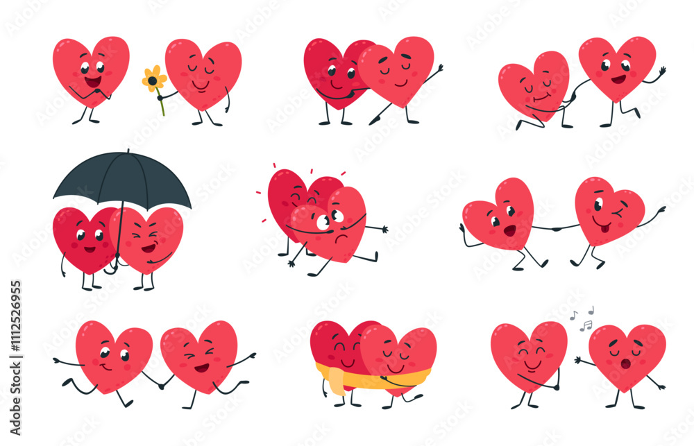 Funny cartoon couple hearts. Heart in love, romantic activities saint ...
