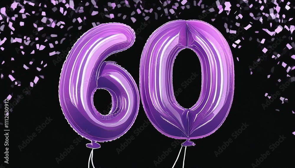 Purple birthday / anniversary balloon, number 60, black background with ...