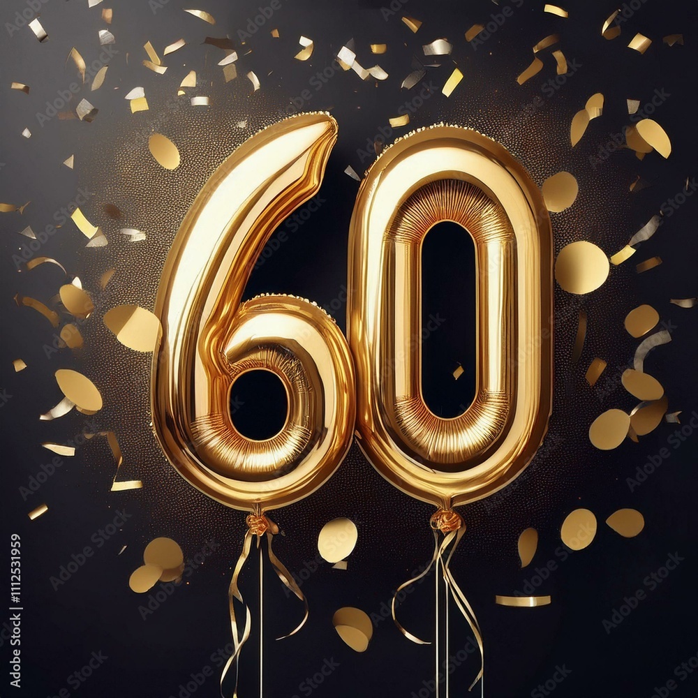 Gold birthday / anniversary balloon, number 60, black background with ...