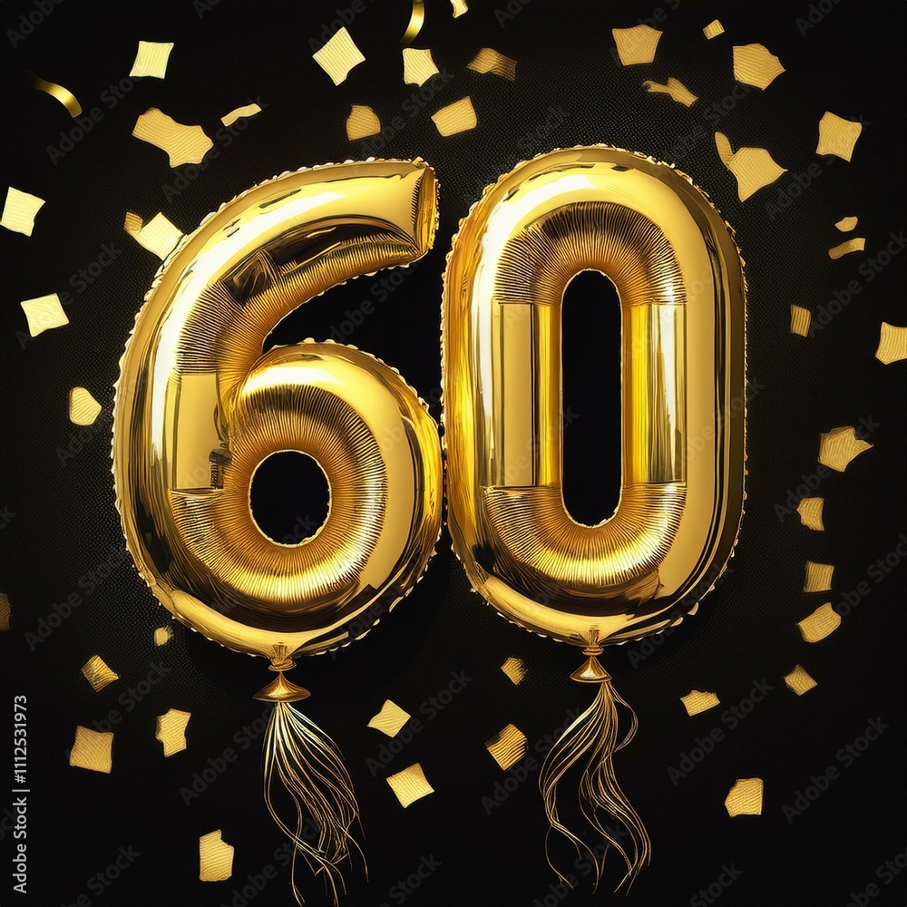 Gold birthday / anniversary balloon, number 60, black background with ...