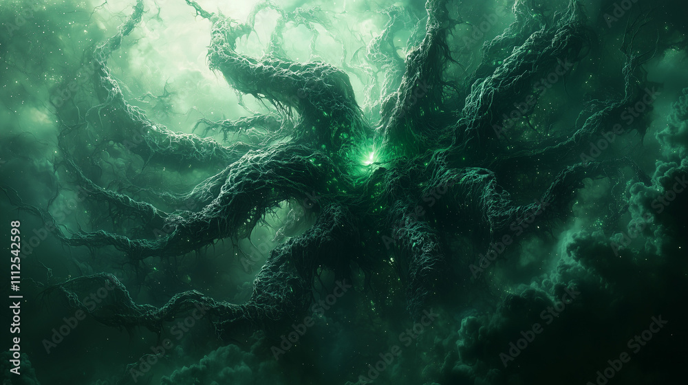 massive alien mothership with pulsating organic tendrils emerges from a ...