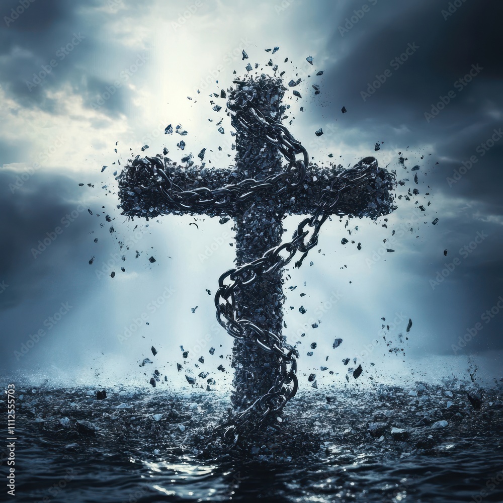 Cross Formed from Broken Chains and Shattered Glass Symbolizing Freedom ...
