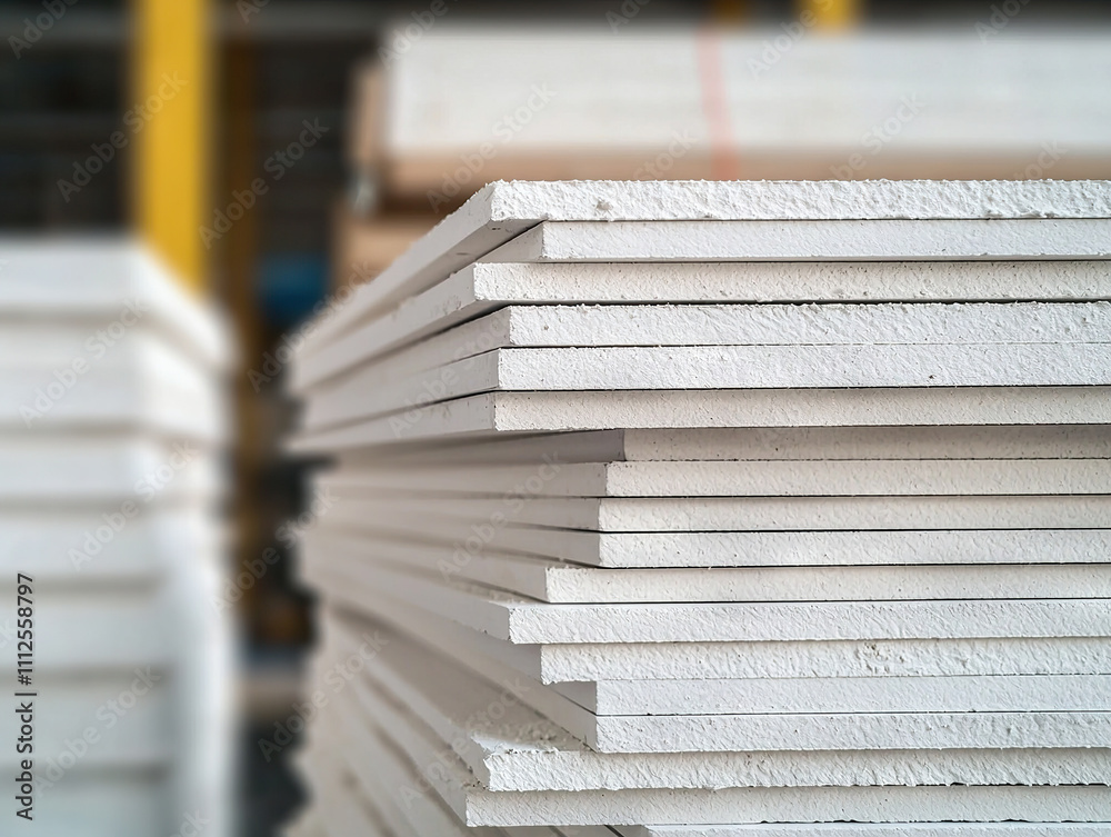 Stacked drywall sheets in warehouse, showcasing their clean, white ...