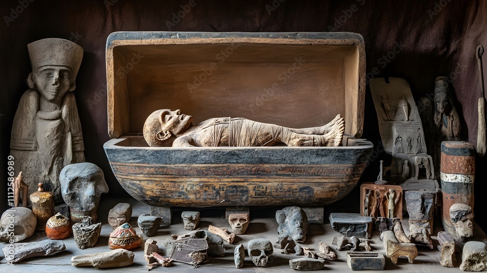 Ancient Egyptian artifacts displayed around a wooden sarcophagus with a ...