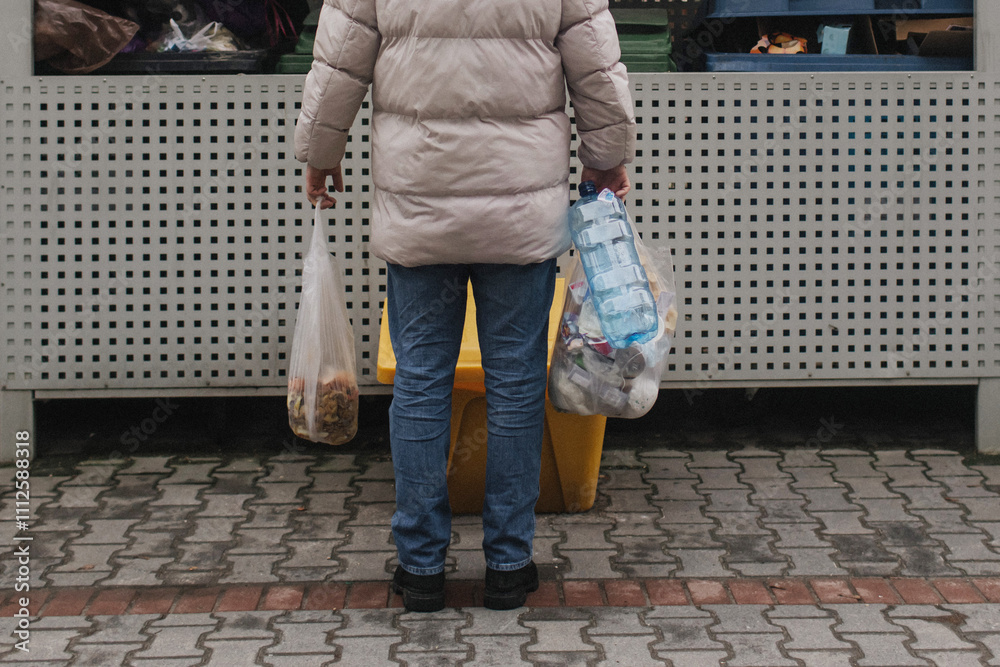 Zero waste. Man throws household garbage into trash cans. Parents ...