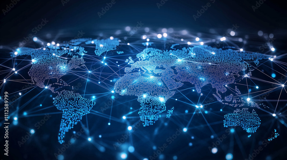 World map showing data points on a computer, global information network ...