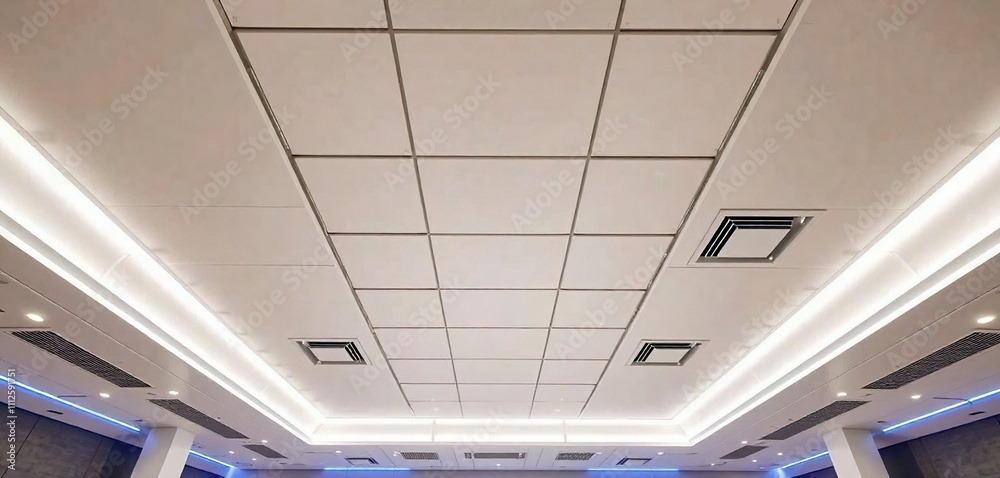 White ceiling with integrated sound absorption panels, duct grilles ...