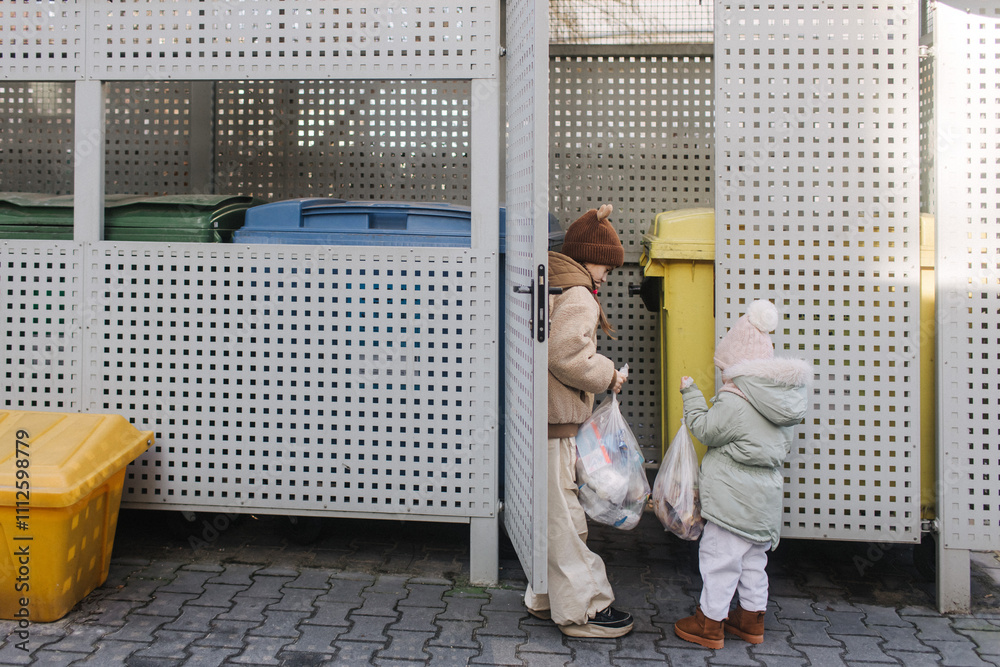 Generation Alpha and Zero waste. Girls throws household garbage into ...