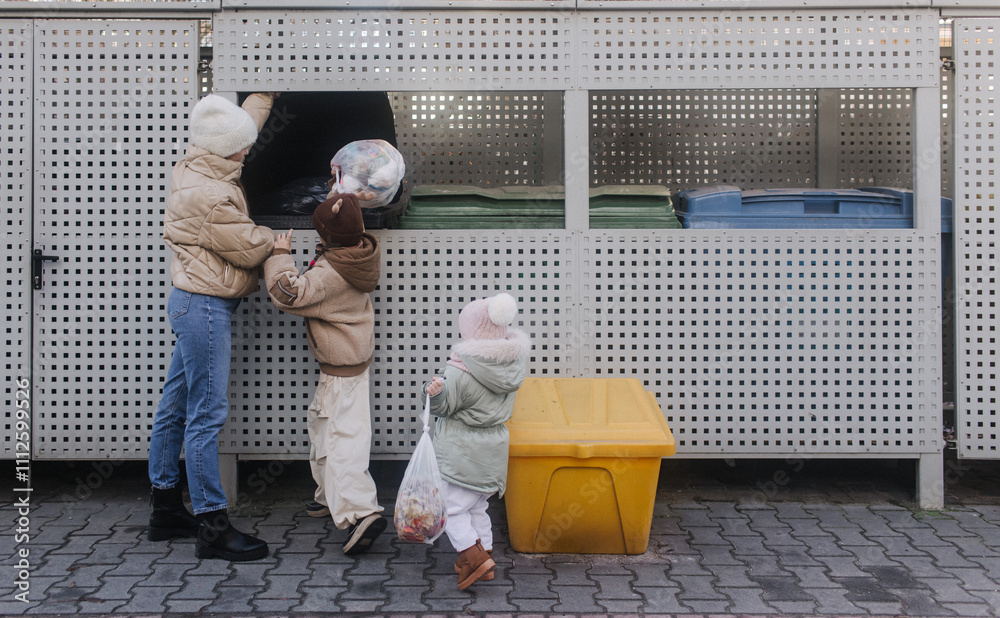Generation Alpha and Zero waste. Mom with daughters throws household ...
