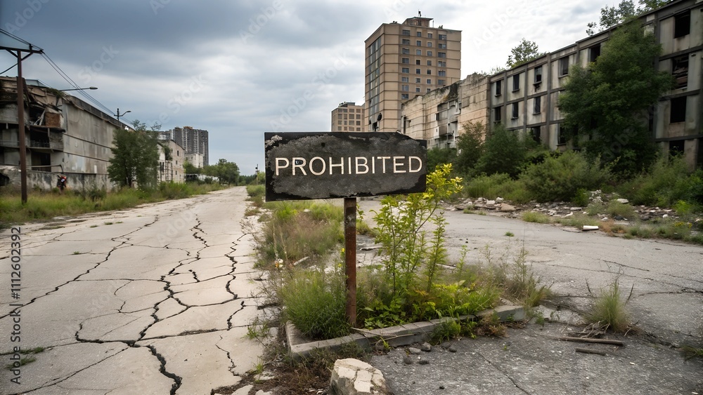 Abandoned Urban Area with Prohibited Sign, Overgrown Vegetation ...
