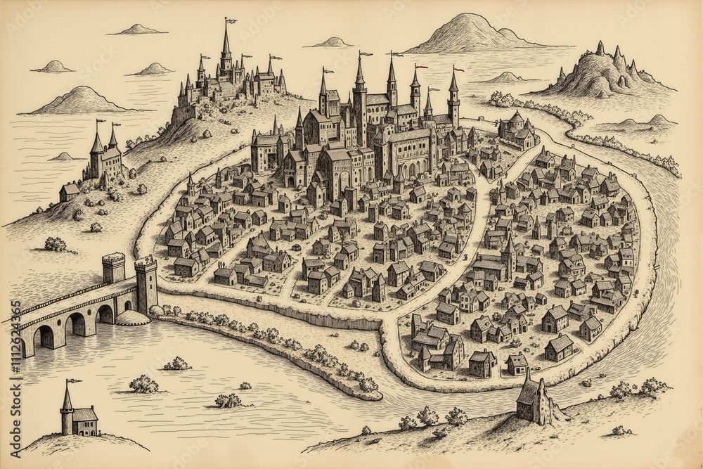 Medieval fantasy map with castle, village, and river in vintage style ...