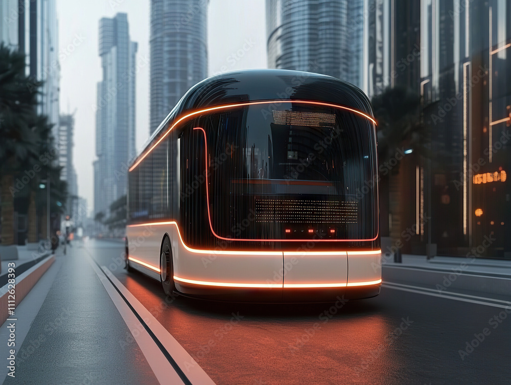 Futuristic electric bus on city street, showcasing sleek design and ...