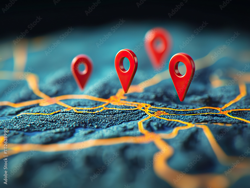 detailed map with red location pins highlighting specific areas ...