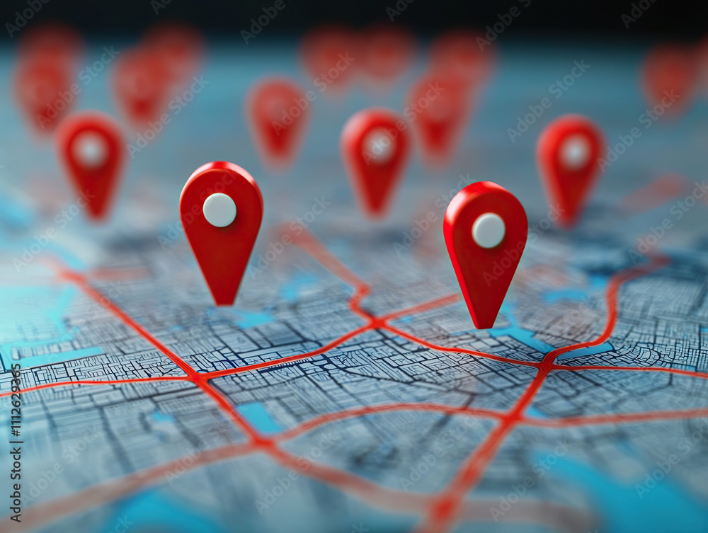 Map with red location pins highlighting various points of interest ...