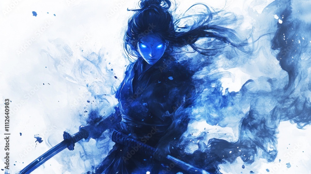 A female samurai warrior, rendered in blue smoke and wielding two ...