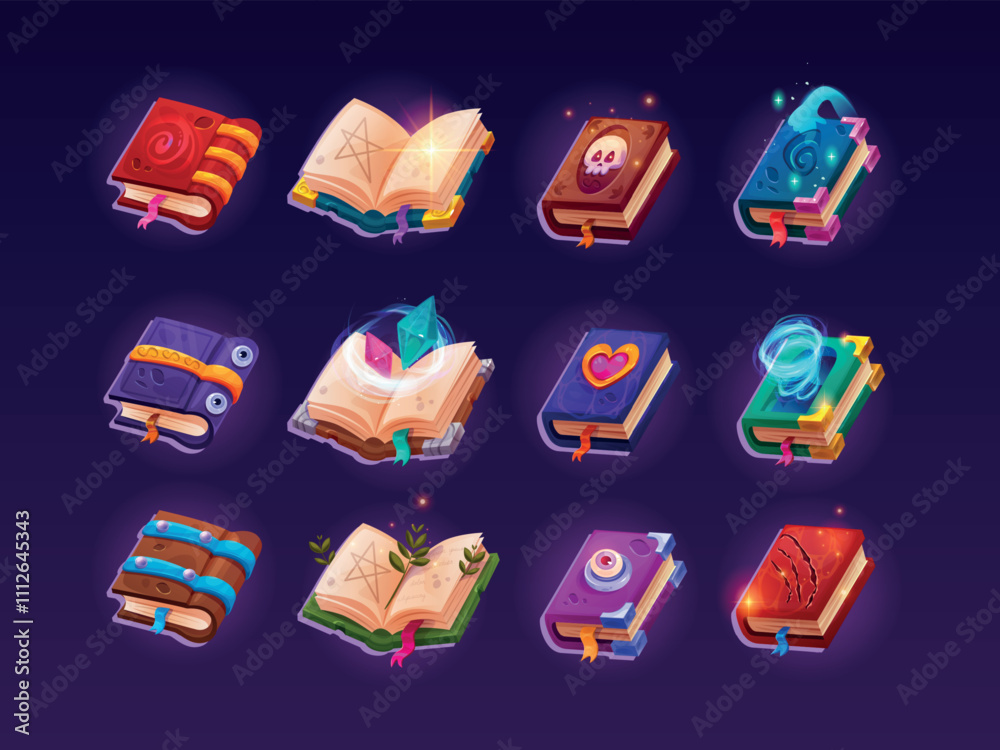 Game spell book. Cartoon magic books fantasy ui glowing icons, wizard ...