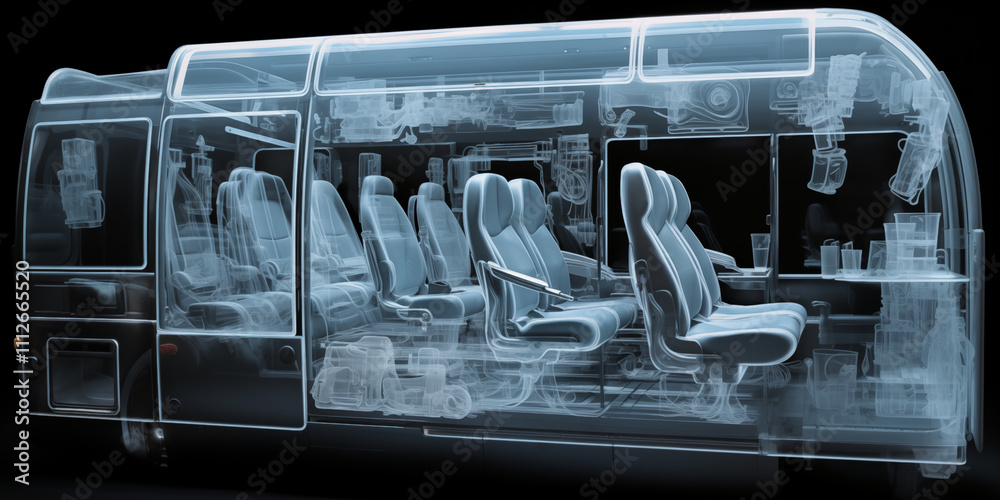 A side view reveals the inner workings of bus, showcasing the engine ...