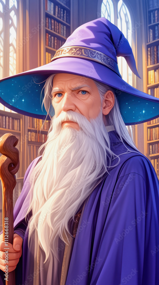Majestic anime wizard stands in a grand library filled with books and ...