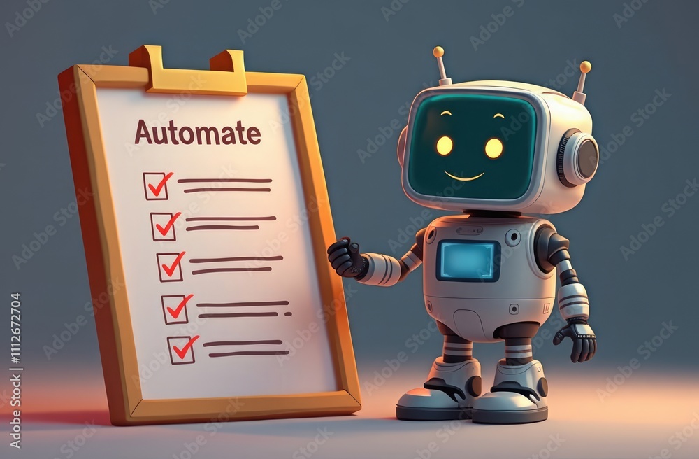 Cute android robot promoting automation with checklist, cartoon ...