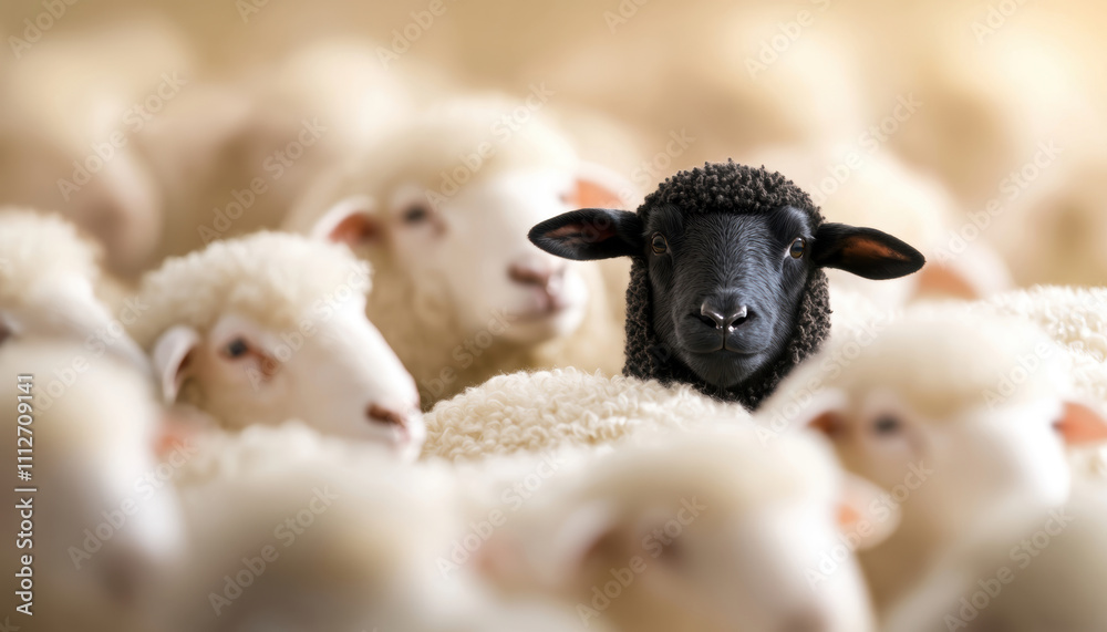 Black sheep among white sheep showcasing contrast and individuality ...