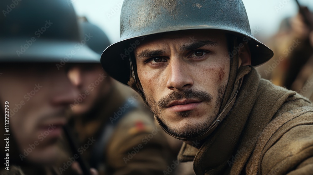 An intense and determined soldier in uniform with a helmet peers ...