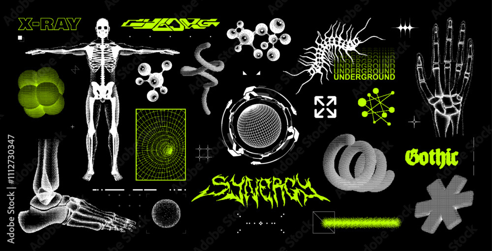 Retrofuturistic acid halftone style set. Y2k Sci-fi bitmap style ...