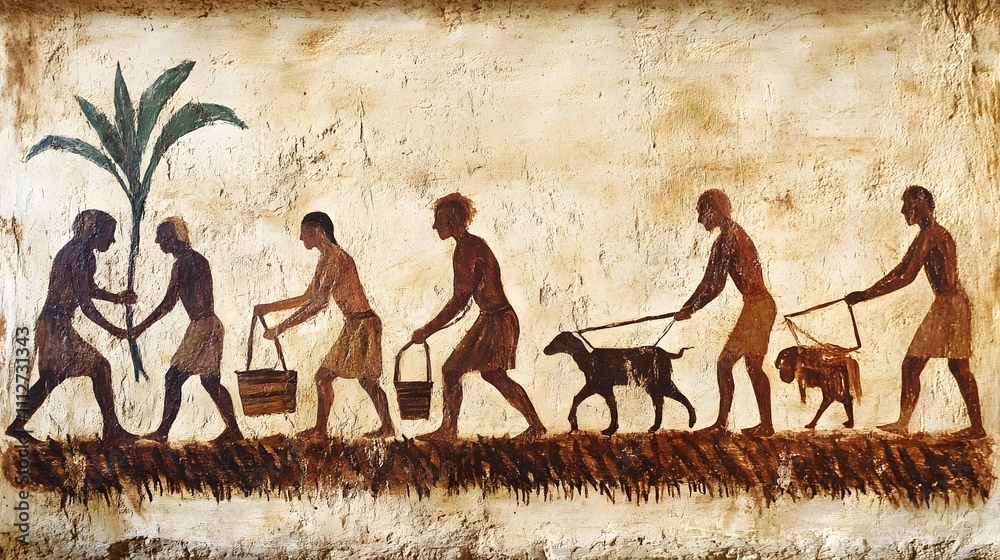 Ancient people cultivating crops and herding animals along a fertile ...