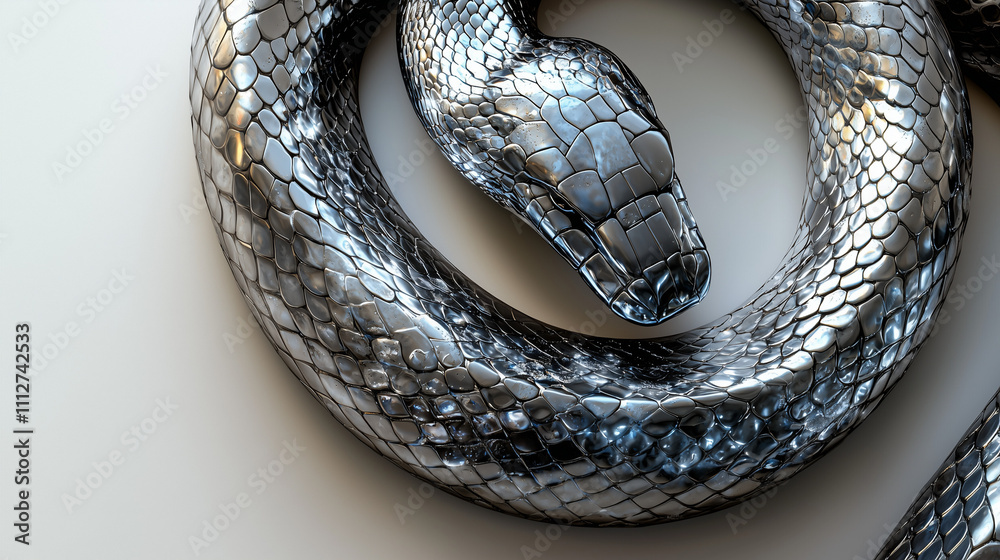 Postcards Silver snake coiled in a circle on plain white background ...