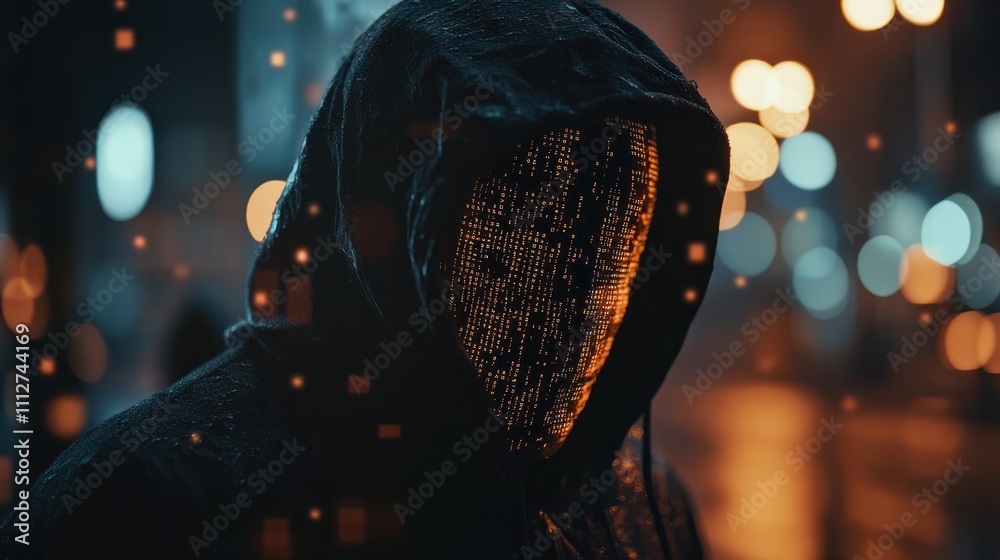 Cyber attack iot attack text. Anonymous hacker hidden with hoodie in the blurred background ...