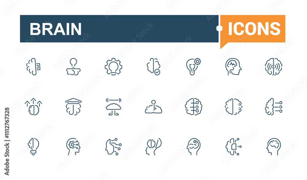 Brain icons in linear style. Includes thin line psychology ...